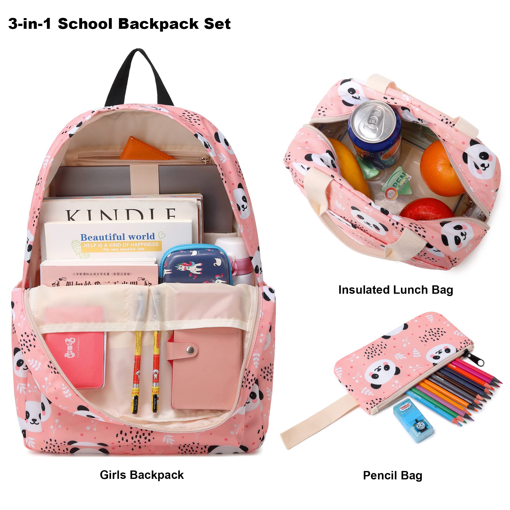 Panda Girls School Backpacks for Kids Teens, 3-in-1 School Bag Bookbags Set with Lunch Bag Pencil Case (Pink)