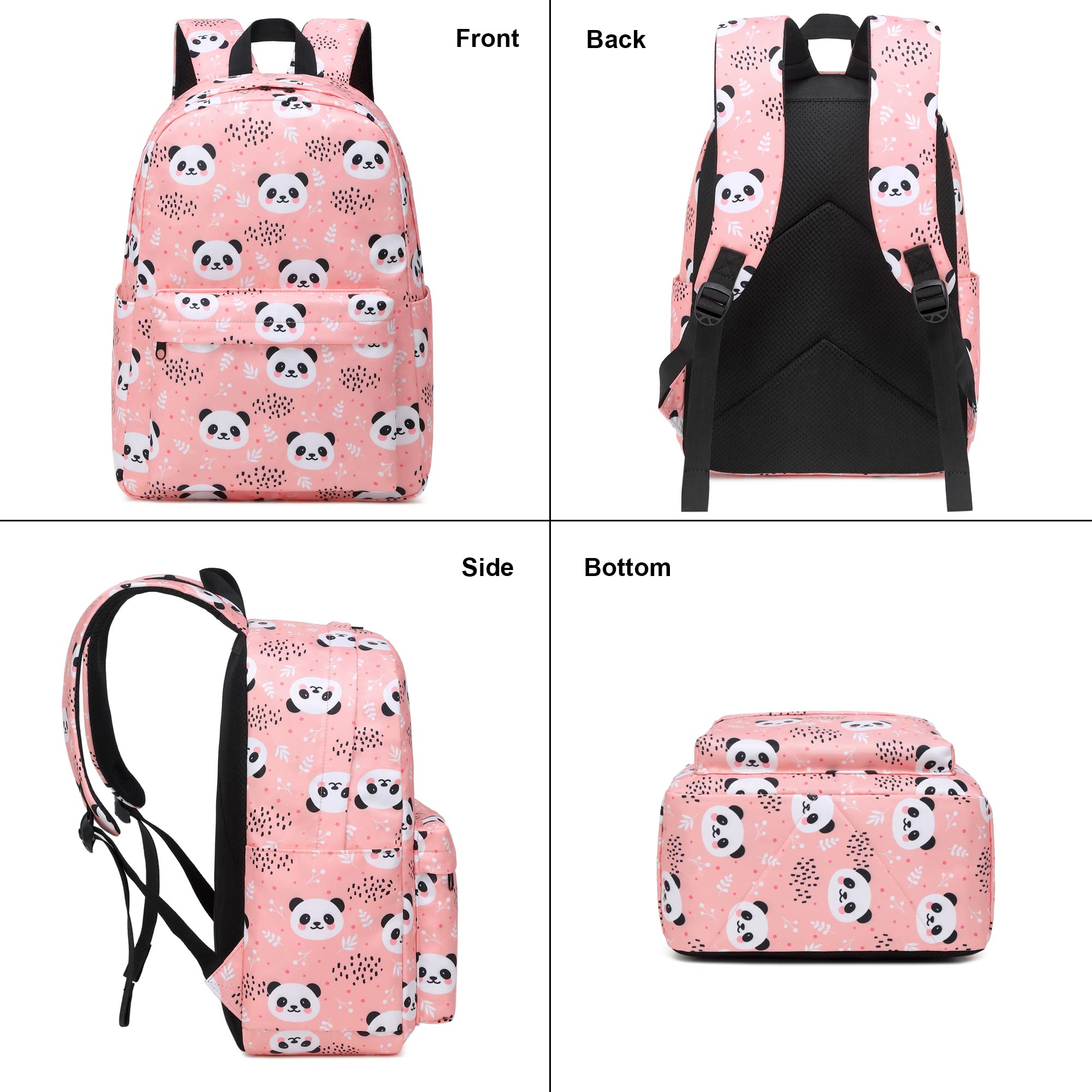 Panda Girls School Backpacks for Kids Teens, 3-in-1 School Bag Bookbags Set with Lunch Bag Pencil Case (Pink)