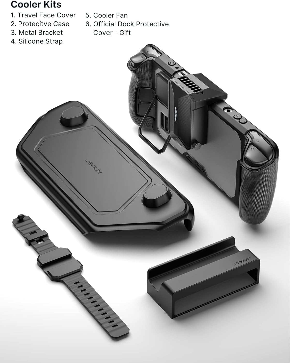 JSAUX ModCase Compatible with Steam Deck/Steam Deck OLED, PC0104 Modular Valve Steam Deck Case Include Protective Case, Face Cover, Cooling Fan, Metal Bracket and Strap - Cooler Set