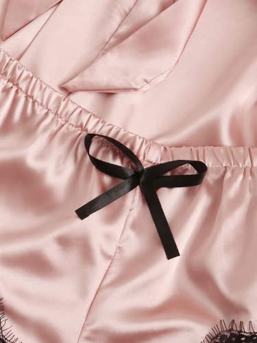 SOLY HUX Women's Satin Pajama Set 4pcs Floral Lace Trim Cami Lingerie Sleepwear with Robe Pink Medium