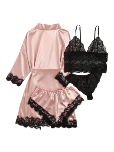 SOLY HUX Women's Satin Pajama Set 4pcs Floral Lace Trim Cami Lingerie Sleepwear with Robe Pink Medium