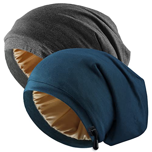 Silk Satin Bonnet Hair Wrap for Sleeping, 2 Pcs Adjustable Silk Bonnets for Women Men Sleep Cap Silk Lined Slouchy with Adjustable Strap Curly Hair Head Scarf Night Caps