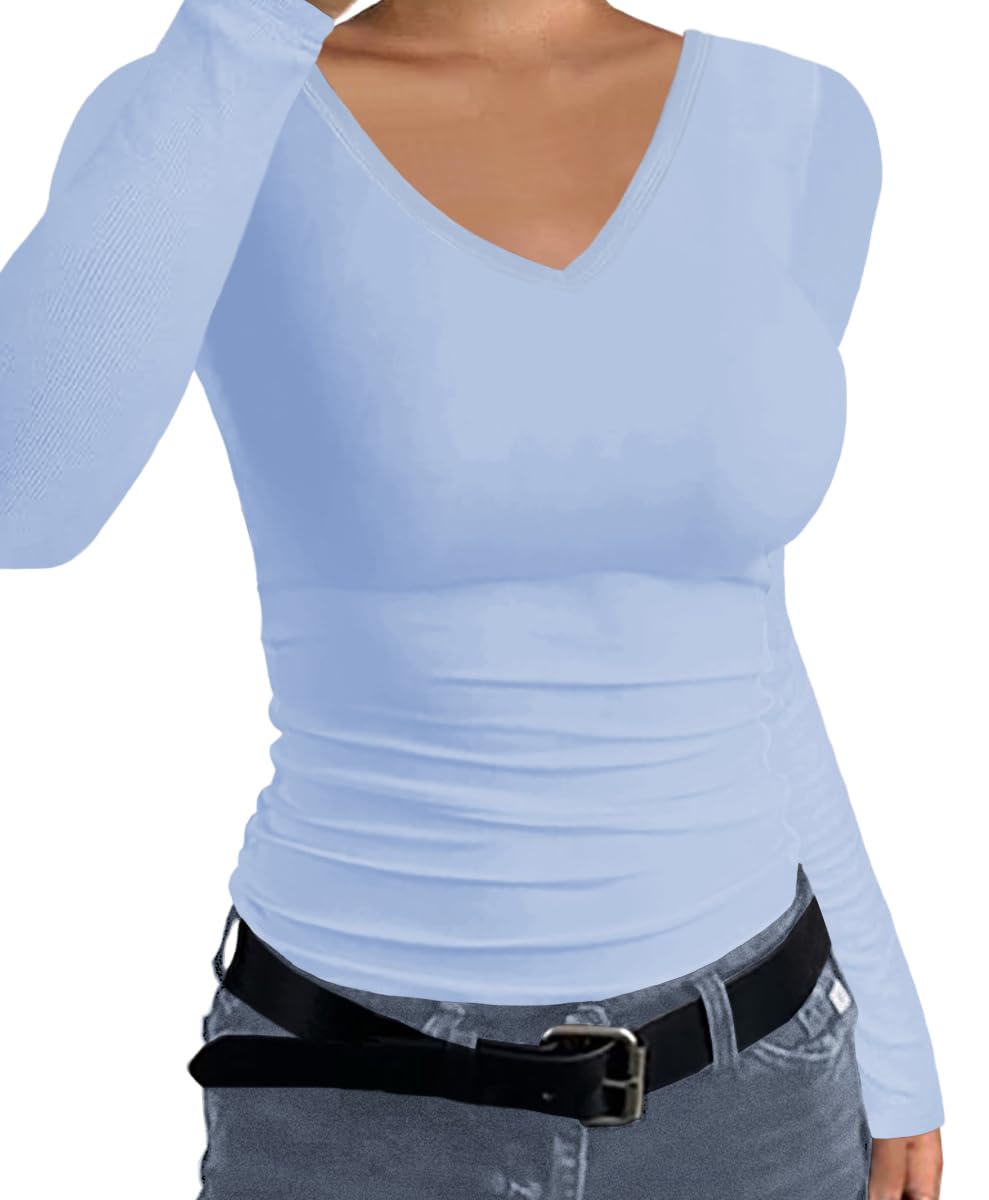 Afibi Women Ribbed Long Sleeve V Neck Slim Fit Stretchy Basic T Shirts Tops (Medium, Sky Blue)