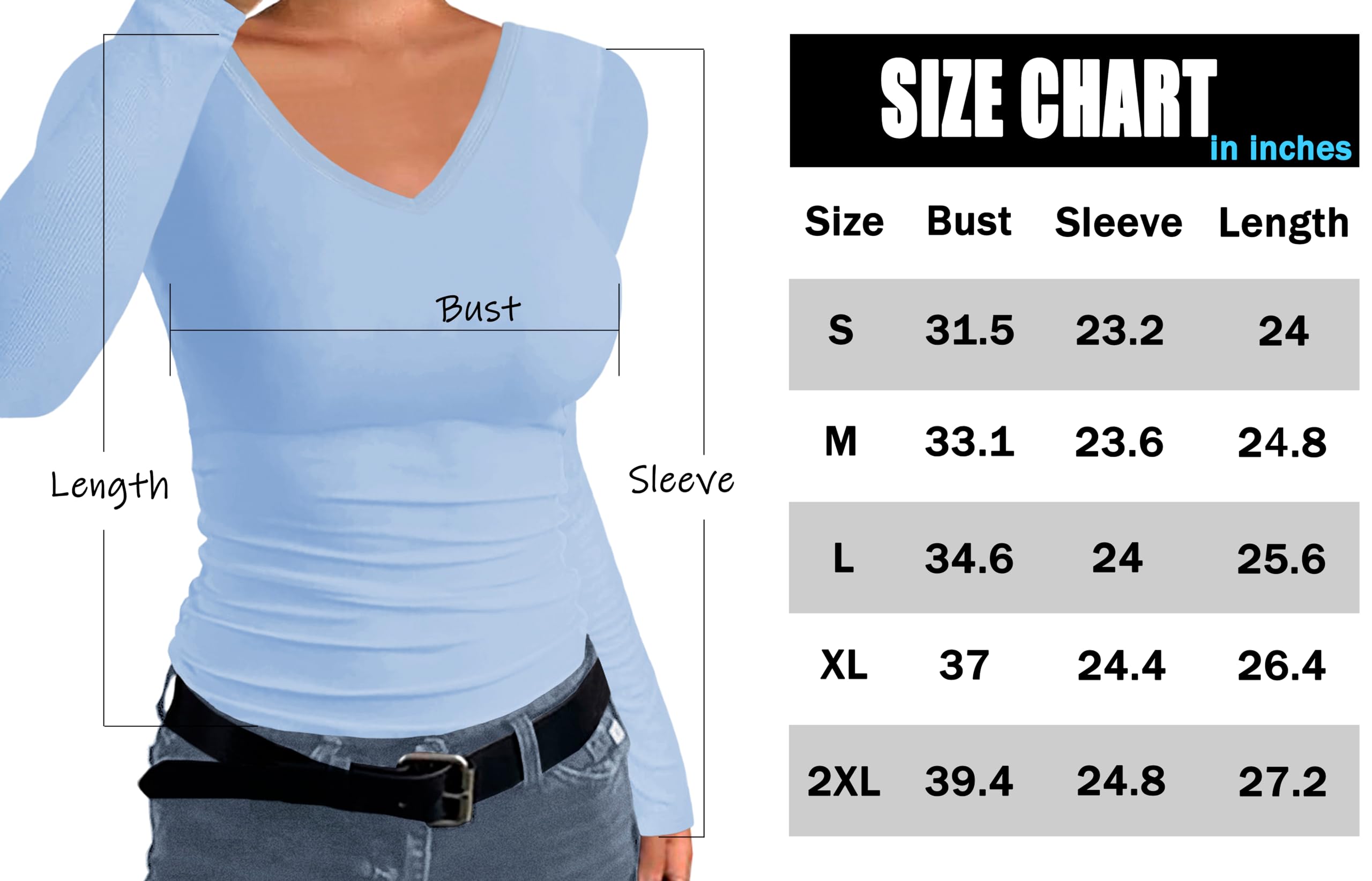 Afibi Women Ribbed Long Sleeve V Neck Slim Fit Stretchy Basic T Shirts Tops (Medium, Sky Blue)