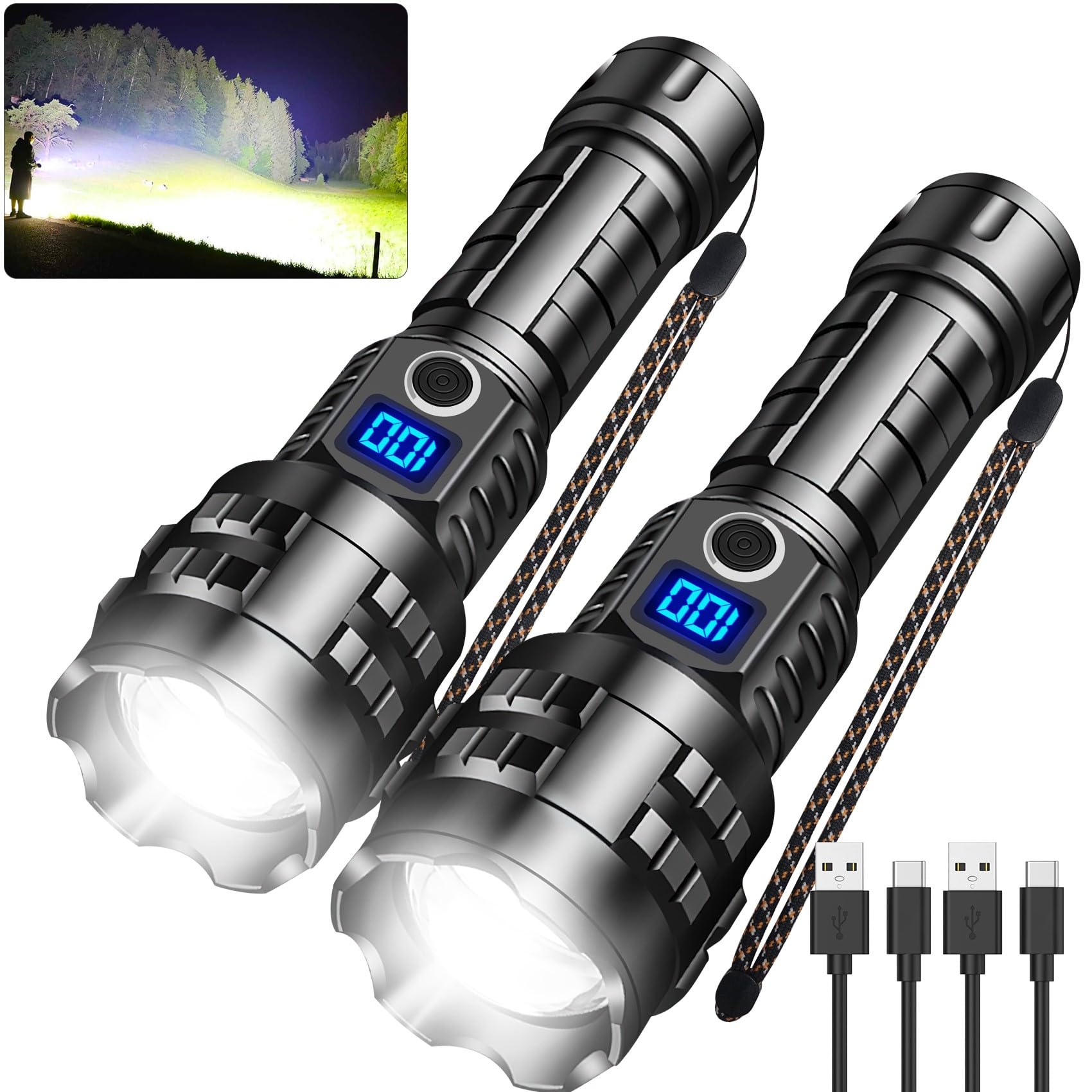 igokqsdg Torce LED High Lumen Ricaricabili, 250000 Lumen XHM77.2 Flash Super Luminoso USB, Torcia Portatile Ad Alta Potenza, Torcia Potente Impermeabile per Campeggio di Emergenza