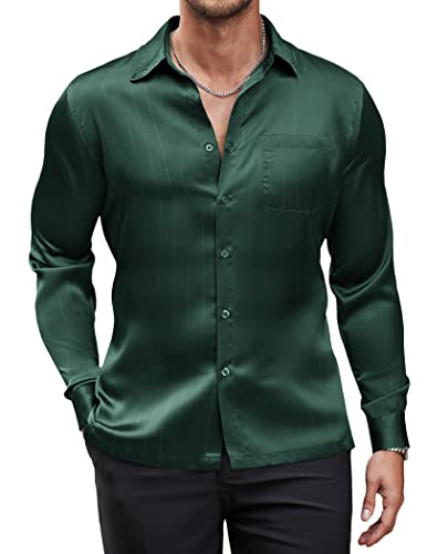 COOFANDY Men's Luxury Dress Shirts Long Sleeve Satin Silk Like Button Down Shirt Party Weddding Prom Army Green, Medium