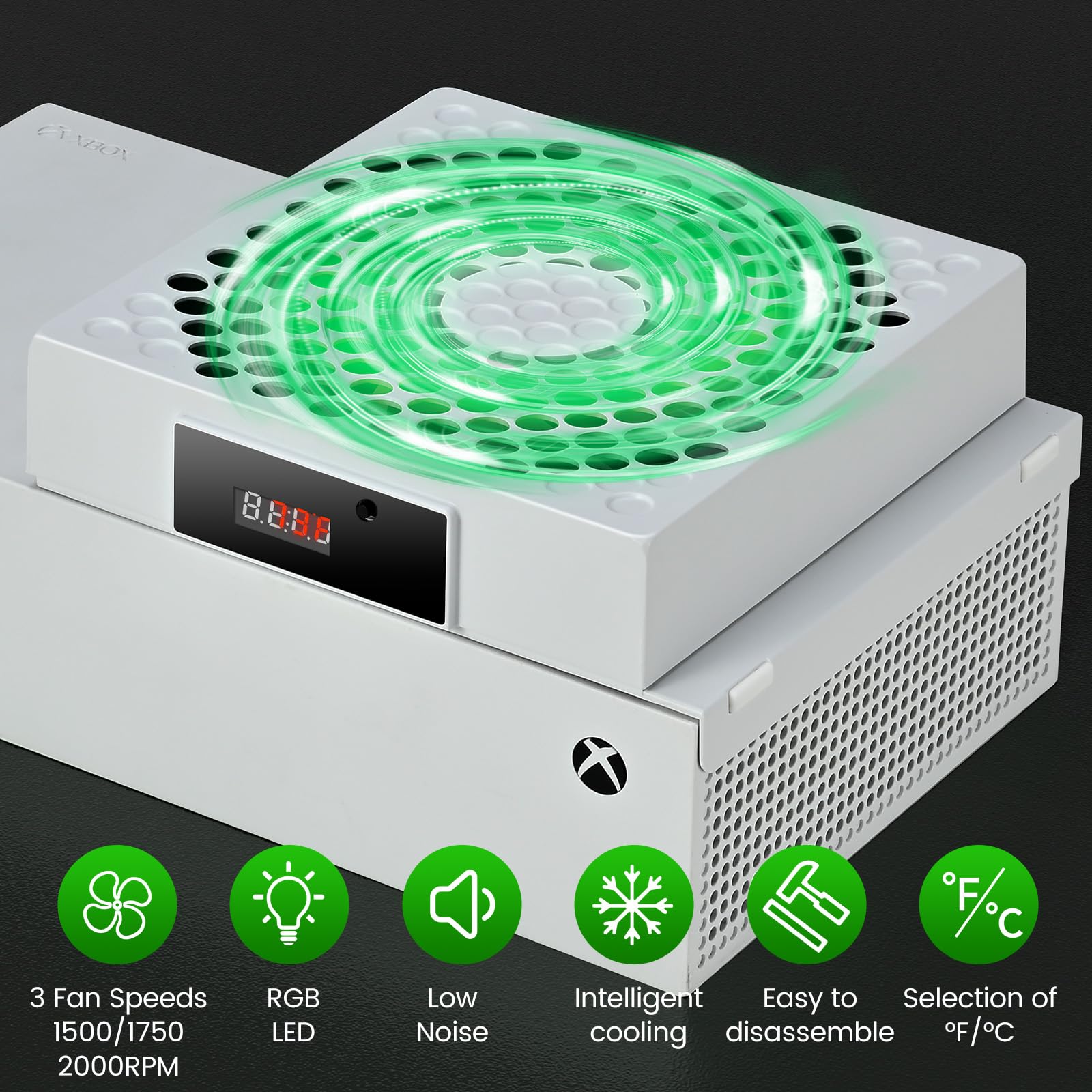 DEPGI Cooling Fan for Xbox Series S, Featuring Automatic Fan Speed Adjustment Based on Temperature, LED Display Screen, Low Noise, Easy Installation, 3 speeds, with RGB LED