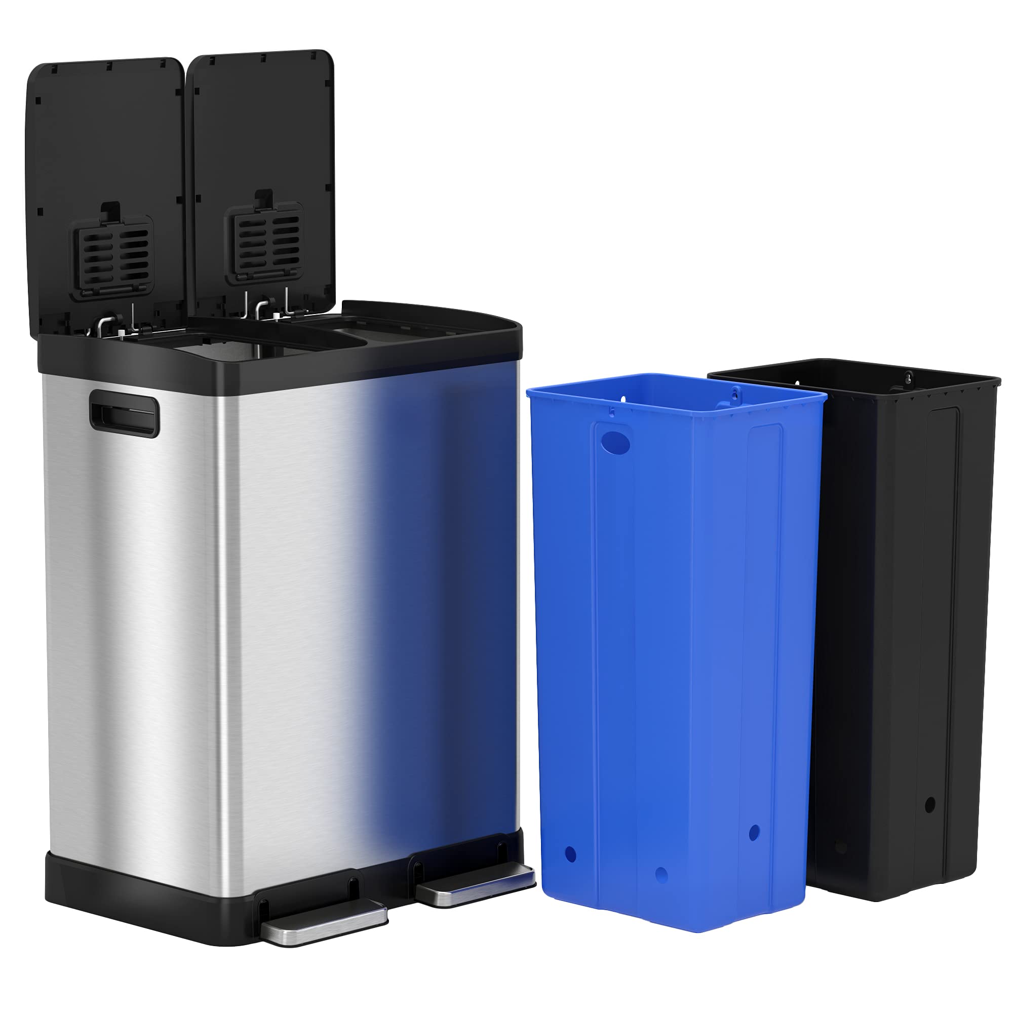iTouchless SoftStep 16 Gallon Dual Compartment Trash Can Recycler, 61 Liter Stainless Steel 2 x 8 Gallon Color Coded Removable Inner Buckets, Soft and Gentle Open/Close Lid