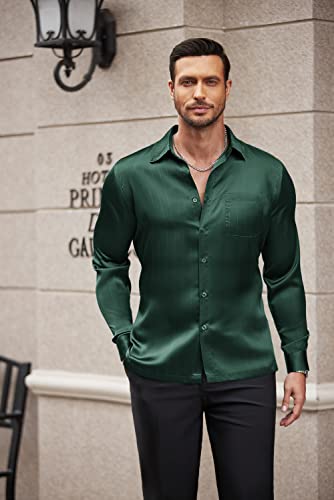 COOFANDY Men's Luxury Dress Shirts Long Sleeve Satin Silk Like Button Down Shirt Party Weddding Prom Army Green, Medium