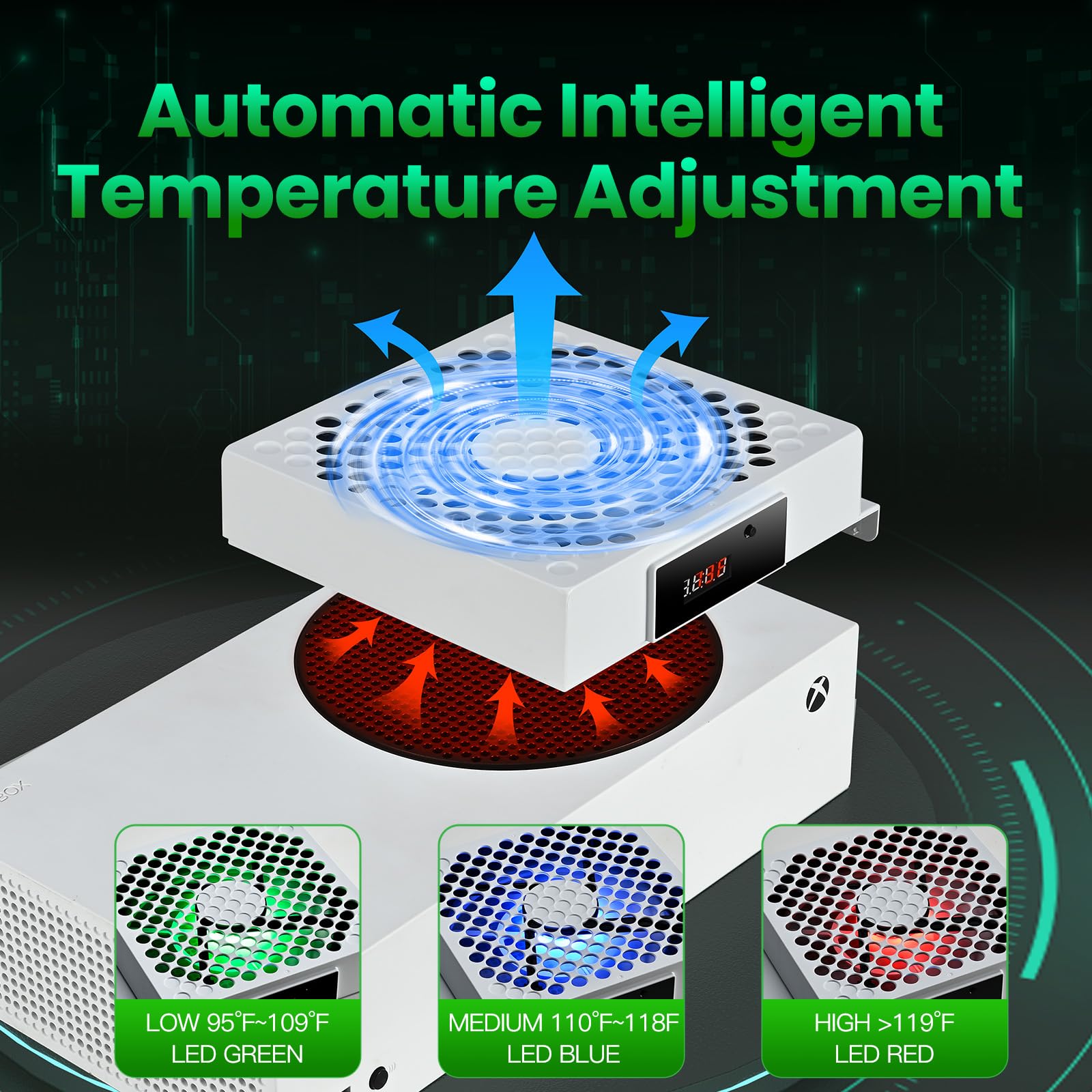 DEPGI Cooling Fan for Xbox Series S, Featuring Automatic Fan Speed Adjustment Based on Temperature, LED Display Screen, Low Noise, Easy Installation, 3 speeds, with RGB LED