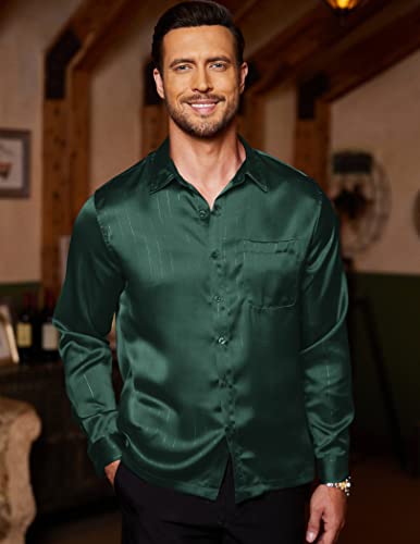COOFANDY Men's Luxury Dress Shirts Long Sleeve Satin Silk Like Button Down Shirt Party Weddding Prom Army Green, Medium