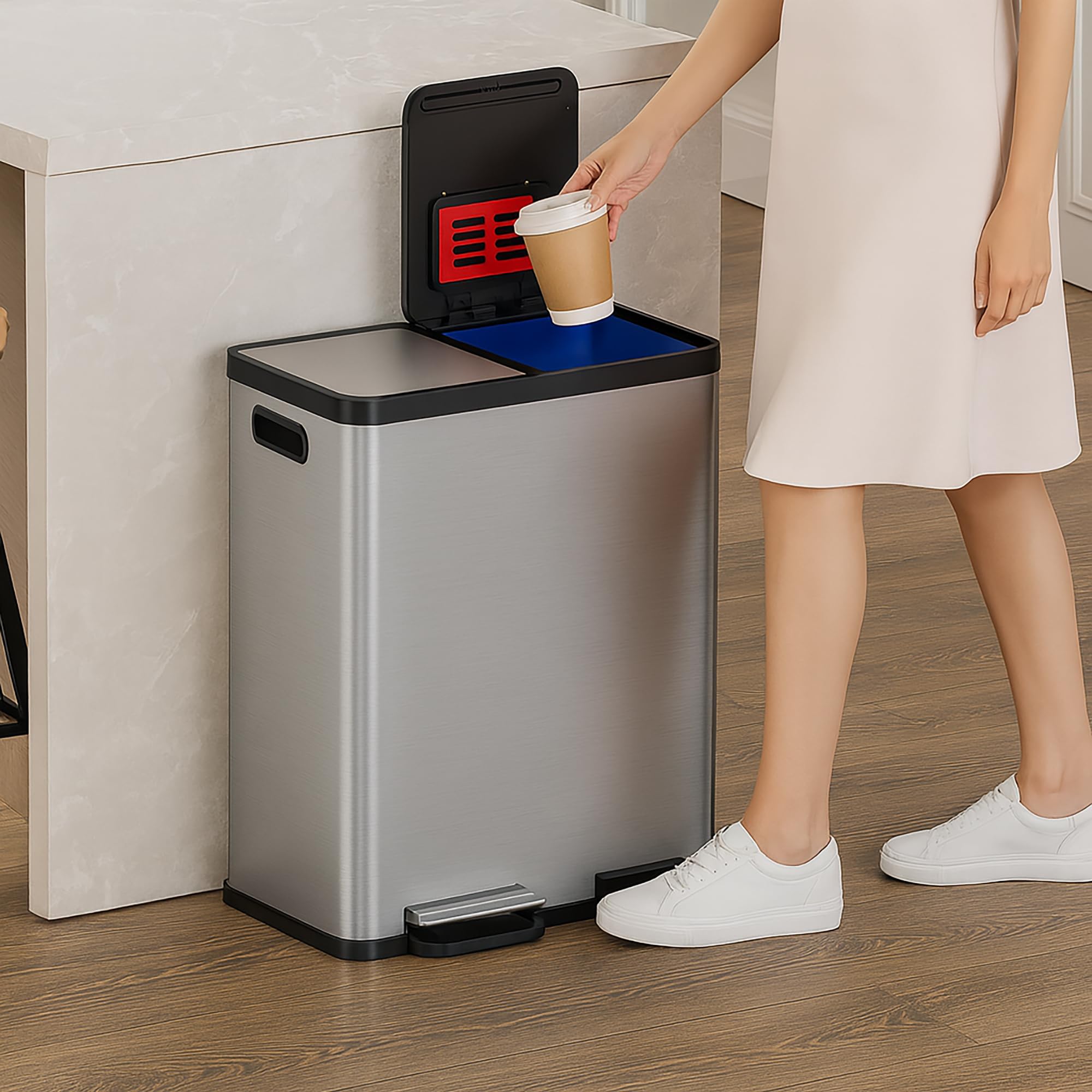 iTouchless SoftStep 16 Gallon Dual Compartment Trash Can Recycler, 61 Liter Stainless Steel 2 x 8 Gallon Color Coded Removable Inner Buckets, Soft and Gentle Open/Close Lid