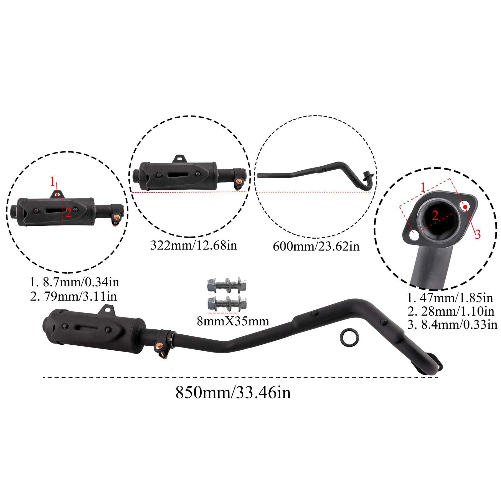 YC Yier 28mm 1 1/8" Muffler Exhaust Pipe for ATV Quad Buggy Go Kart Pit Dirt Bike 50cc 70cc 90cc 110cc 125cc 150cc Taotao Coolster Kazuma Roketa