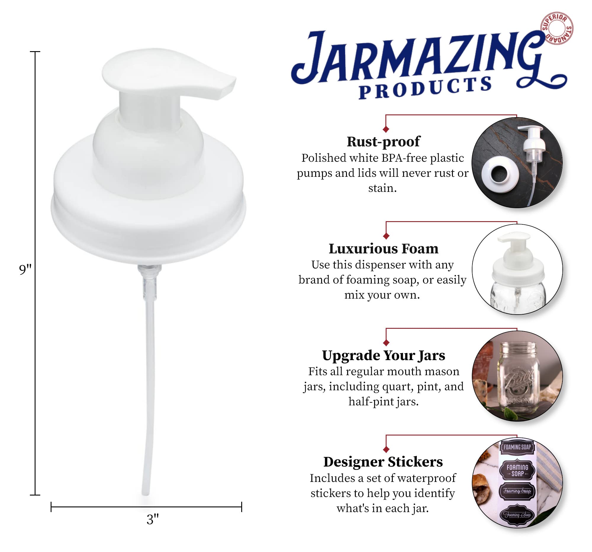 Jarmazing Products Mason Jar Foaming Soap Dispenser Lids - Includes Waterproof Stickers! - White - 2 Pack