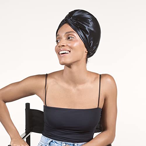 SLIP Silk Turban, Black, One Size (21β- 28β) - Double-Lined Pure Mulberry Silk 22 Momme Hair Turban - Hair-Friendly, Lightweight and Multipurpose Head Wrap + Sleeping Cap for Curly + Thick Hair Types