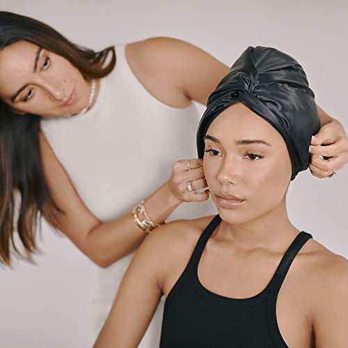 SLIP Silk Turban, Black, One Size (21β- 28β) - Double-Lined Pure Mulberry Silk 22 Momme Hair Turban - Hair-Friendly, Lightweight and Multipurpose Head Wrap + Sleeping Cap for Curly + Thick Hair Types