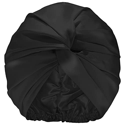 SLIP Silk Turban, Black, One Size (21β- 28β) - Double-Lined Pure Mulberry Silk 22 Momme Hair Turban - Hair-Friendly, Lightweight and Multipurpose Head Wrap + Sleeping Cap for Curly + Thick Hair Types