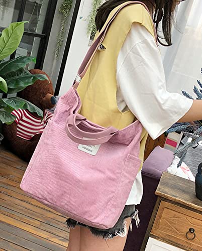 Women's Retro Large Size Canvas Shoulder Bag Corduroy Hobo Crossbody Handbag Casual Tote Purse