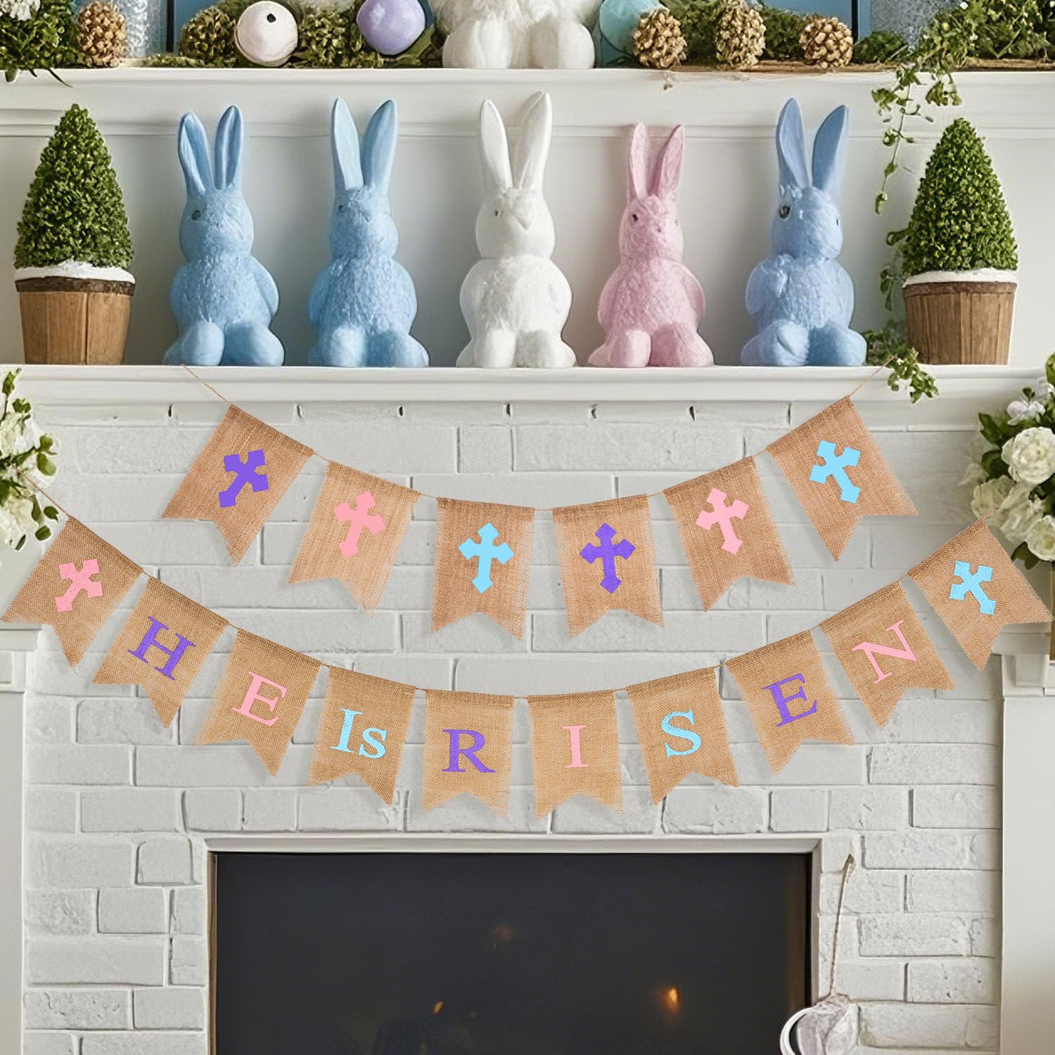 2 Sets Easter Burlap Banner HE is Risen Hanging Garland Printed Easter Bunting for Easter Day Decorations