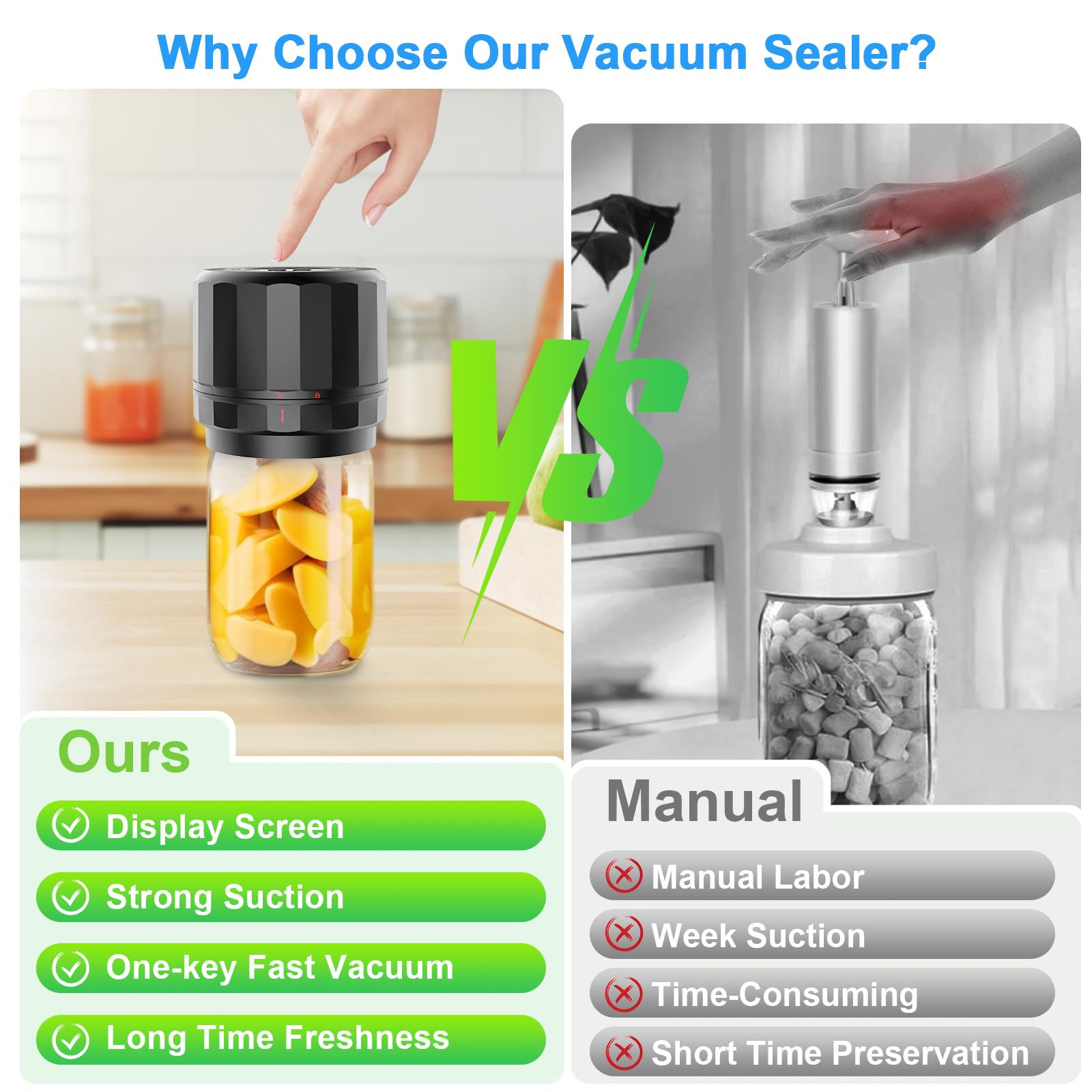 Bunyta Electric Mason Jar Vacuum Sealer Kit - 2000mAh Battery, Enhanced Motor, Wide & Regular Mouth Lids Compatible, Black - Ideal for Canning