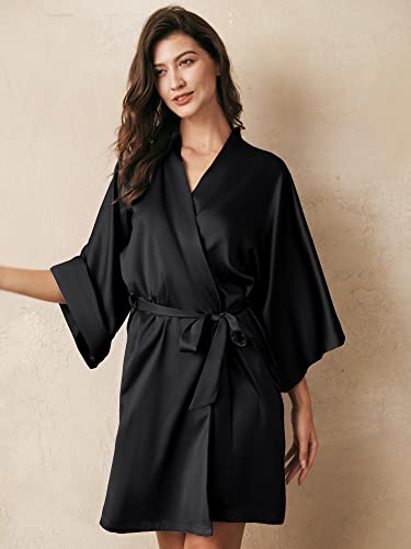 AW BRIDAL Women's Black Silk Robe, Short Satin Kimono Robe Bridal Party Robes for Brides Bridesmaids, Black S
