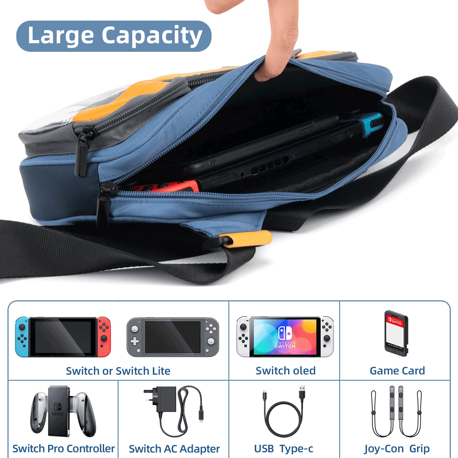 GeekShare Large Capacity Multifunctional Switch/Switch OLED Travel Carrying Case-Color Contrast Laser Messenger Bag Compatible with Switch (Blue & Yellow)