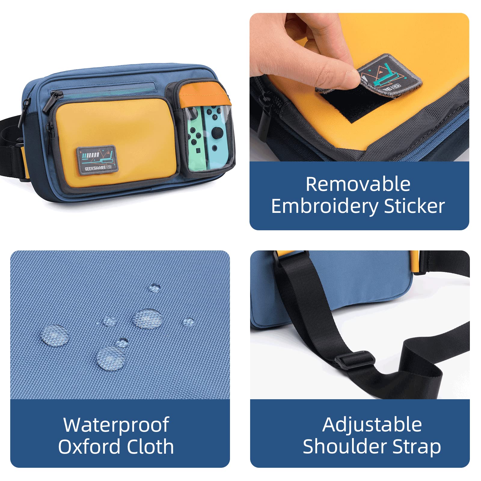 GeekShare Large Capacity Multifunctional Switch/Switch OLED Travel Carrying Case-Color Contrast Laser Messenger Bag Compatible with Switch (Blue & Yellow)