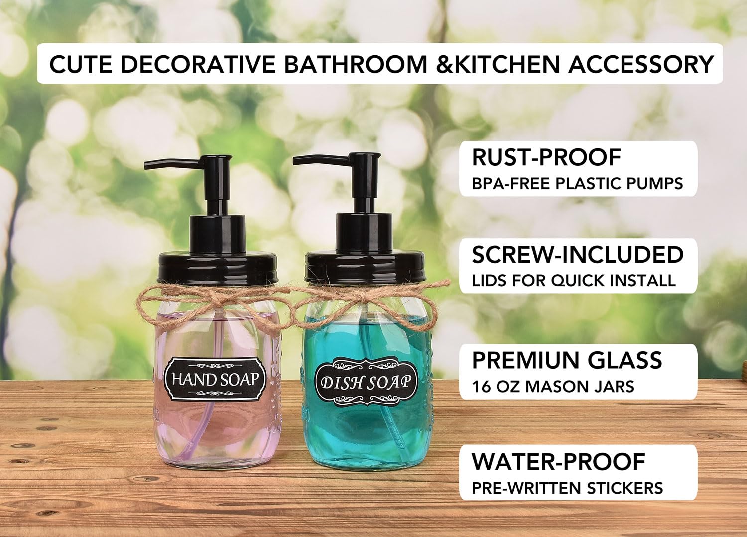 Elwiya Mason Jar Soap Dispenser - 16 Ounce Glass Mason Jar with Plastic Pump and Lid - Rust Proof - Rustic Bathroom Accessories &Kitchen Home Decor - 2 Pack