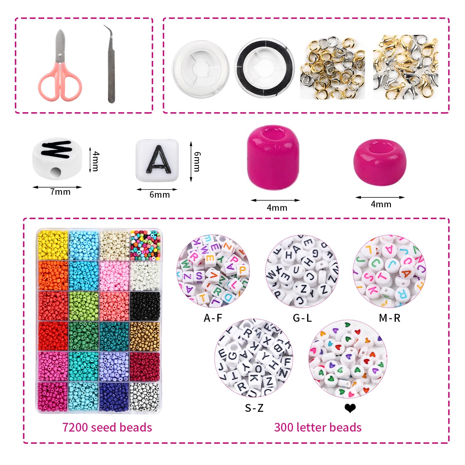 OUTUXED 7200pcs 4mm Glass Seed Beads for Bracelets Making Kit 300pcs Alphabet Letter Beads for Jewelry Making and Crafts with Elastic String Cords, Tweezers and Accessories DIY Material