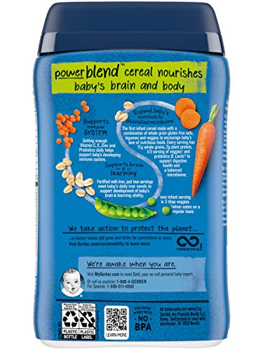 Gerber 2nd Foods Power Blend Cereal For Baby, Probiotic, Oatmeal, Lentil, Carrots & Peas, With Whole Grains & Plant Protein, 8 OZ Canister (Pack of 3)
