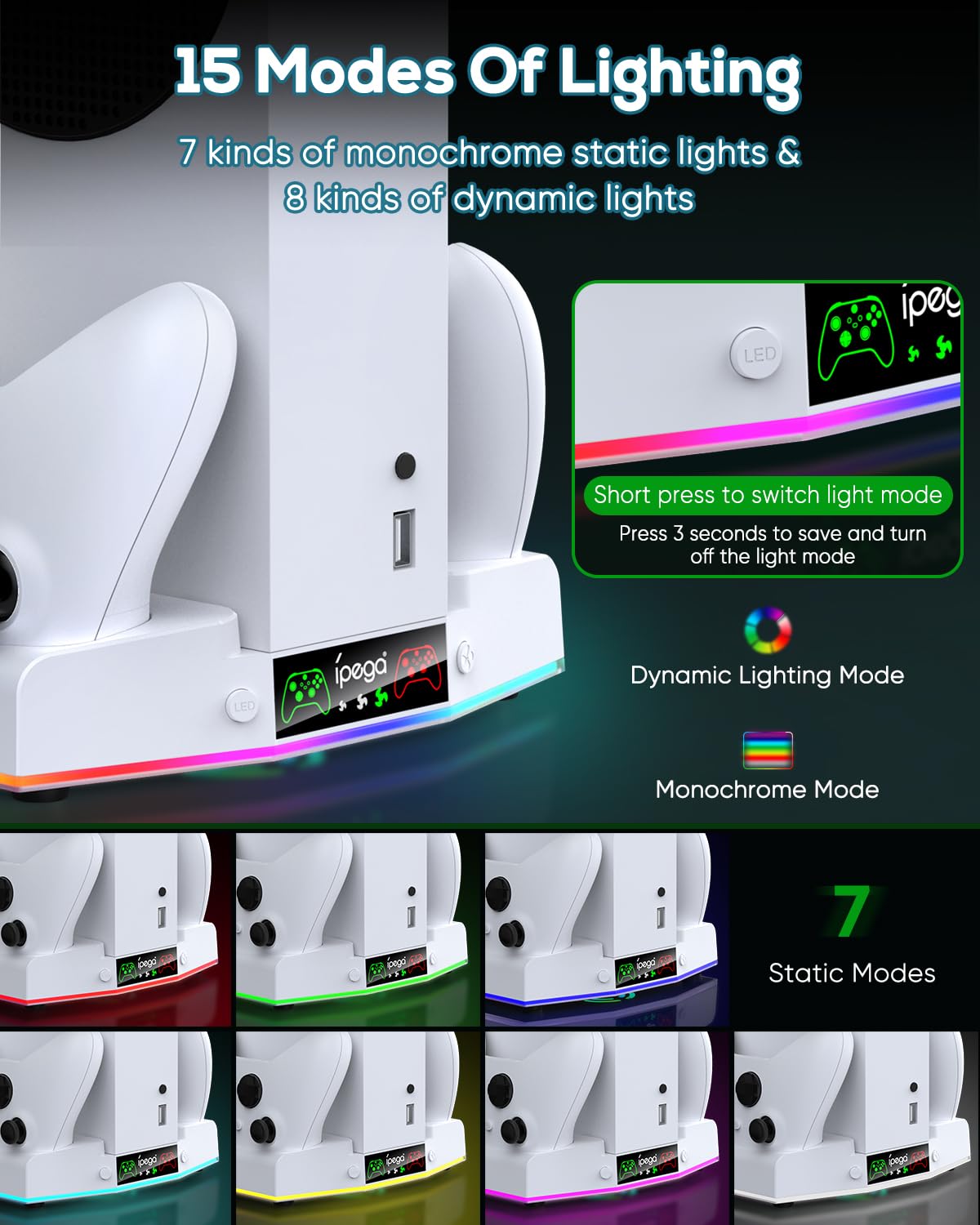 MENEEA Cooling Stand & Charging Station for Xbox Series S with 15 RGB LED Light Modes - Dual Controller Charger & Cooler Fan for Xbox Series S Accessories with 2*1400mAH Batteries and Headphone Hook