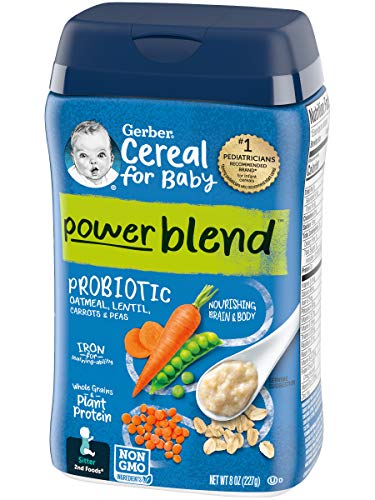 Gerber 2nd Foods Power Blend Cereal For Baby, Probiotic, Oatmeal, Lentil, Carrots & Peas, With Whole Grains & Plant Protein, 8 OZ Canister (Pack of 3)
