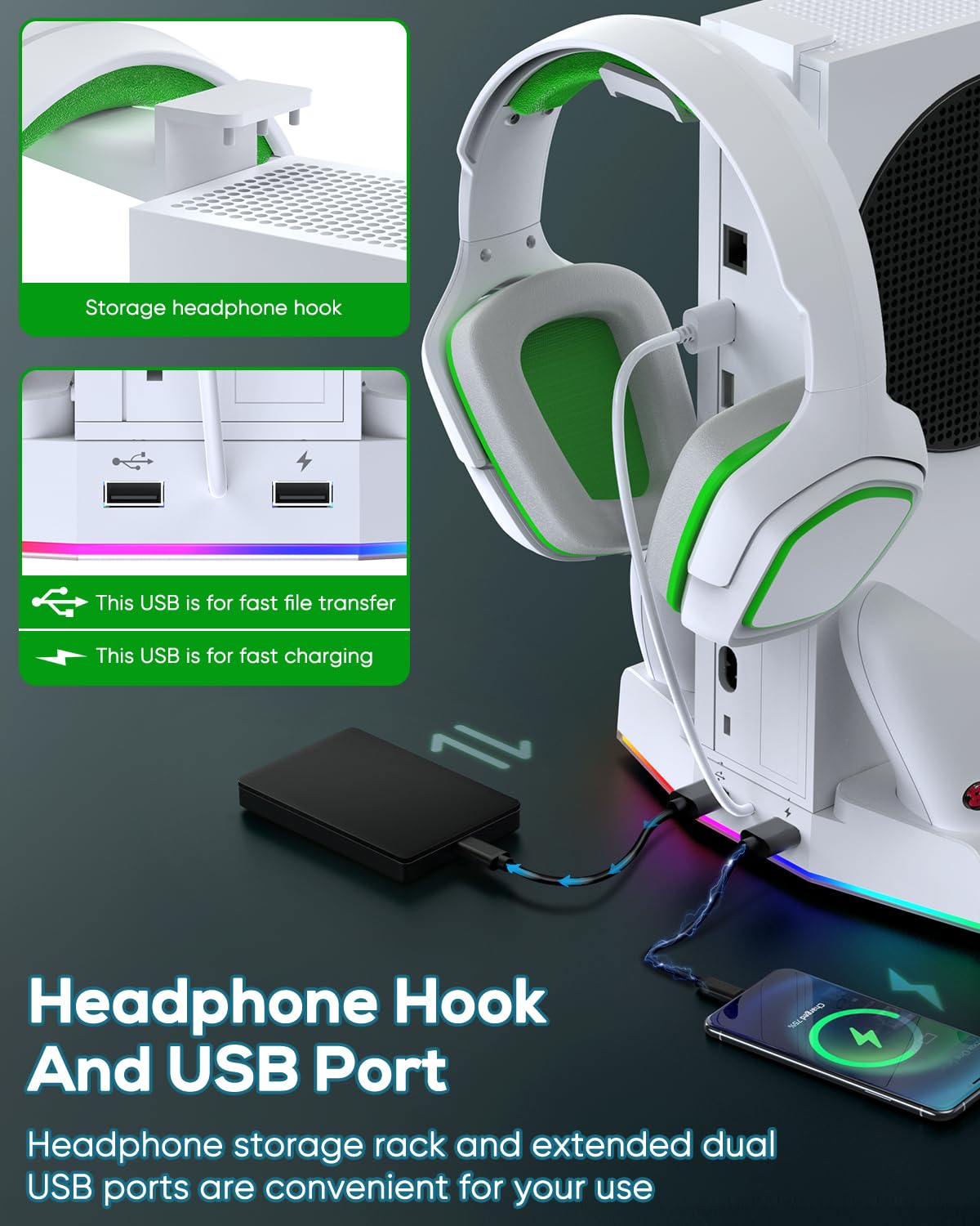MENEEA Cooling Stand & Charging Station for Xbox Series S with 15 RGB LED Light Modes - Dual Controller Charger & Cooler Fan for Xbox Series S Accessories with 2*1400mAH Batteries and Headphone Hook