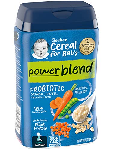 Gerber 2nd Foods Power Blend Cereal For Baby, Probiotic, Oatmeal, Lentil, Carrots & Peas, With Whole Grains & Plant Protein, 8 OZ Canister (Pack of 3)