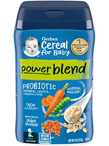 Gerber 2nd Foods Power Blend Cereal For Baby, Probiotic, Oatmeal, Lentil, Carrots & Peas, With Whole Grains & Plant Protein, 8 OZ Canister (Pack of 3)