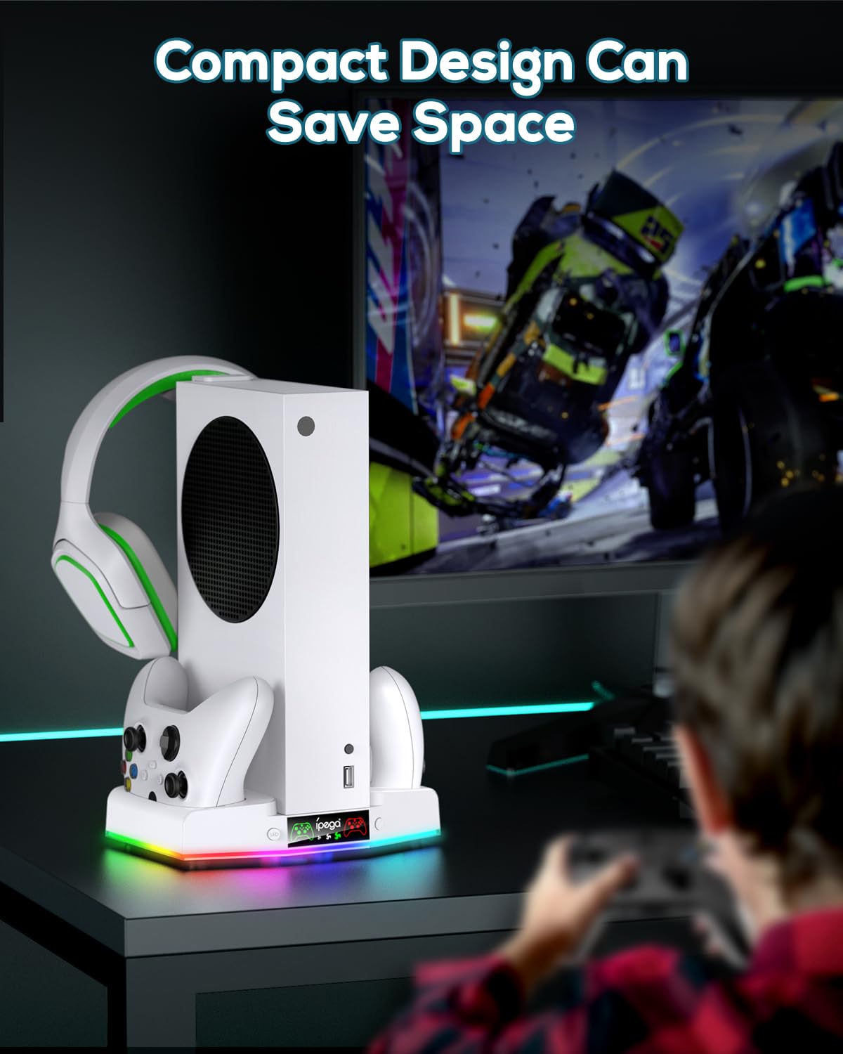 MENEEA Cooling Stand & Charging Station for Xbox Series S with 15 RGB LED Light Modes - Dual Controller Charger & Cooler Fan for Xbox Series S Accessories with 2*1400mAH Batteries and Headphone Hook