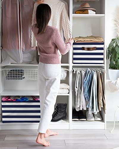 Large Storage Baskets Bins 2 Pack Navy Blue White Striped Farmhouse Collapsible Storage Box Laundry Organizer for Closet Shelf Nursery Kids Bedroom Rustic Geometric