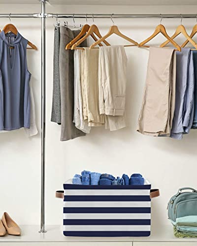 Large Storage Baskets Bins 2 Pack Navy Blue White Striped Farmhouse Collapsible Storage Box Laundry Organizer for Closet Shelf Nursery Kids Bedroom Rustic Geometric