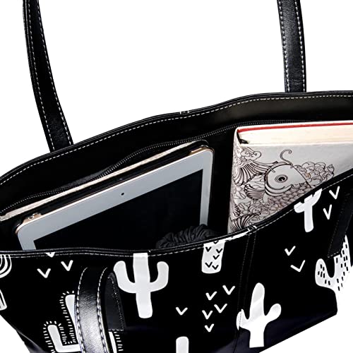 Women Tote Shoulder Bag, Fun Western Cactus Black and White Leather Work Handbag with Zipper for Teens College Students