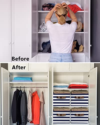 Large Storage Baskets Bins 2 Pack Navy Blue White Striped Farmhouse Collapsible Storage Box Laundry Organizer for Closet Shelf Nursery Kids Bedroom Rustic Geometric