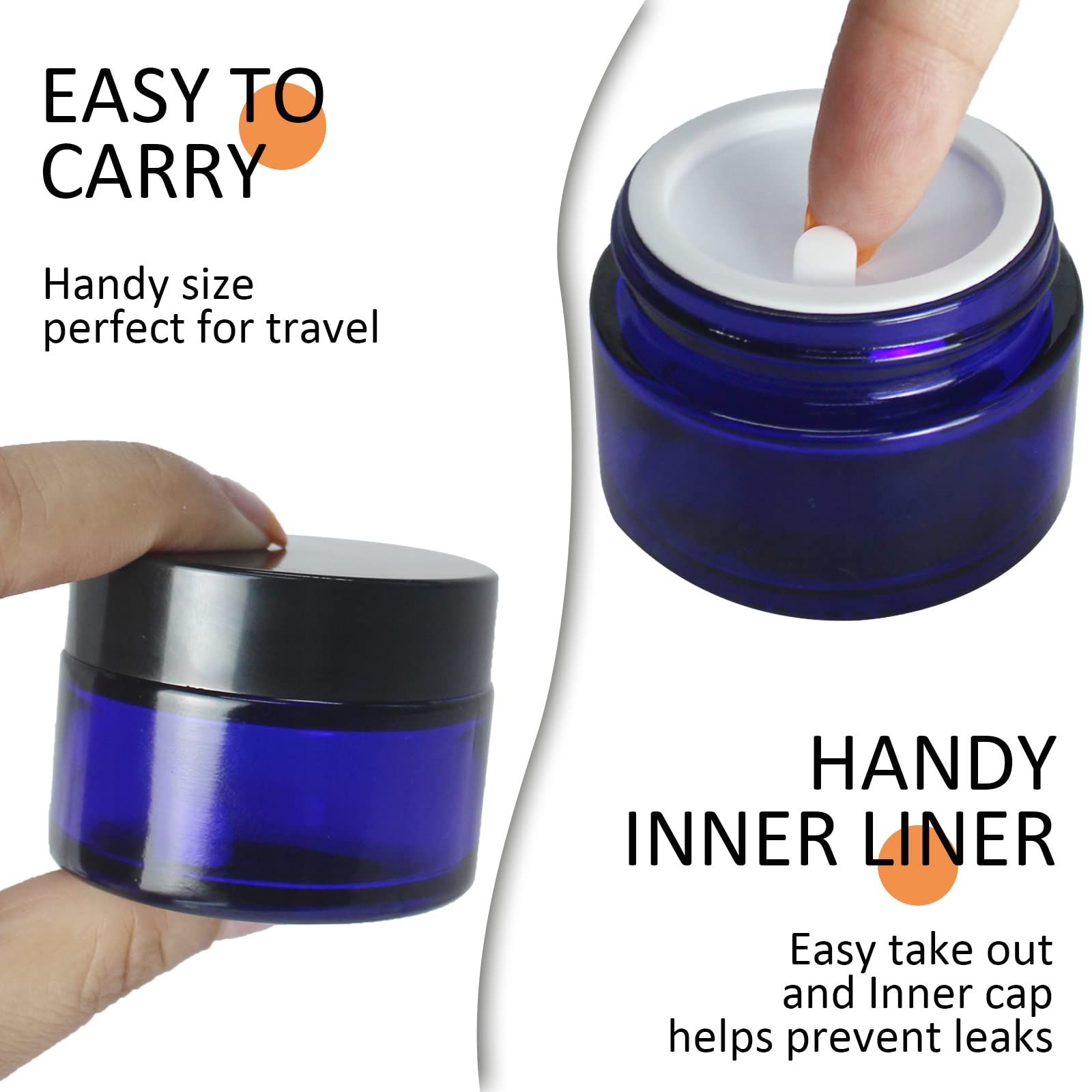 BPFY 24 Pack 1 oz Round Blue Glass Cosmetic Jars with Inner Liners and Black Lids, Travel Glass Jars, Cosmetic Containers for Lip Balms, Powders, Makeup, Cream, Eyeshadow, Slime, Paint