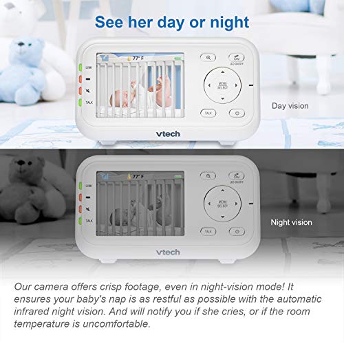 VTech Video Baby Monitor with 1000ft Long Range, Auto Night Vision, 2.8β Screen, 2-Way Audio Talk, Temperature Sensor, Power Saving Mode, Lullabies and Wall-mountable Camera with bracket, White