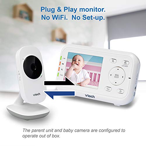 VTech Video Baby Monitor with 1000ft Long Range, Auto Night Vision, 2.8β Screen, 2-Way Audio Talk, Temperature Sensor, Power Saving Mode, Lullabies and Wall-mountable Camera with bracket, White