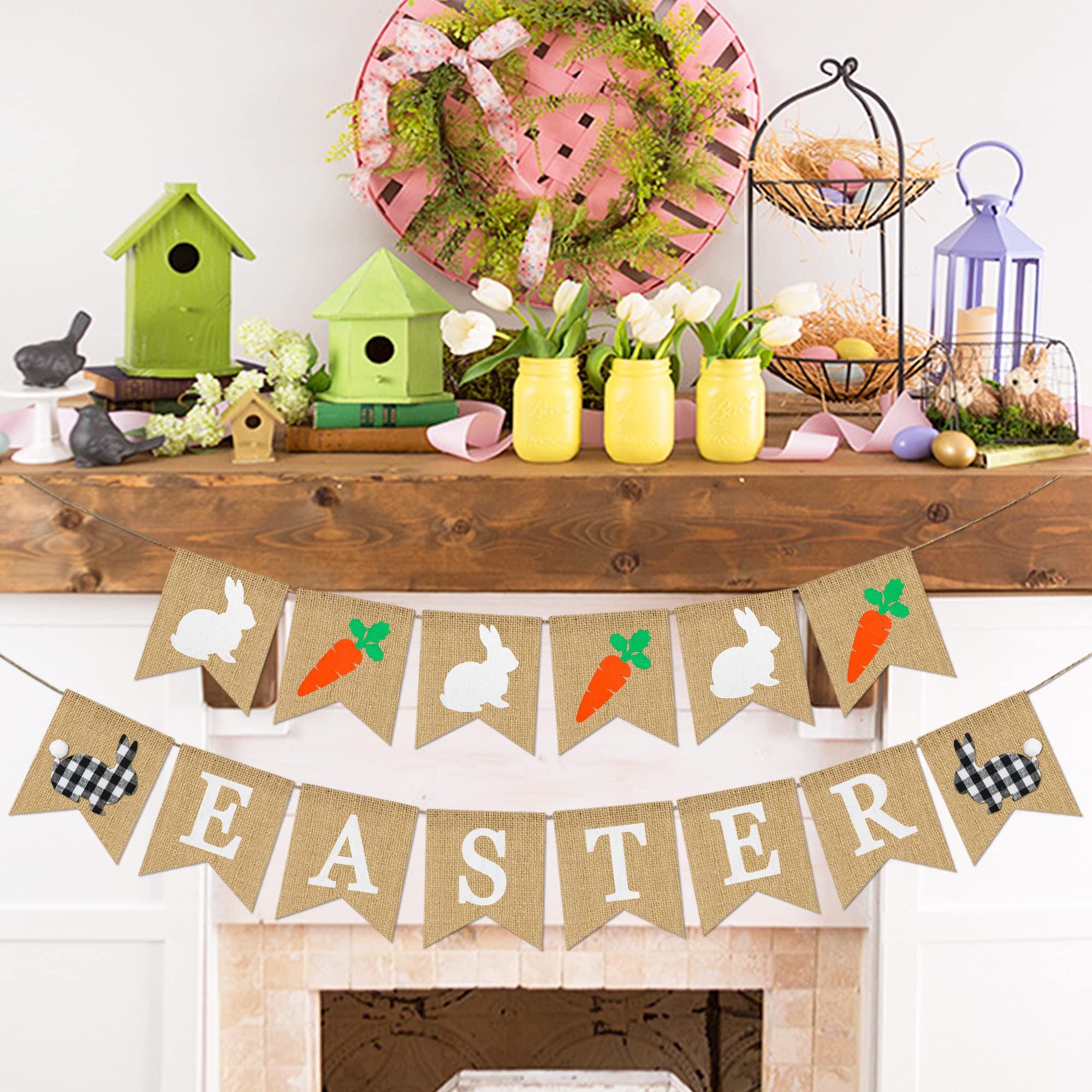 Easter Burlap Banner with Buffalo Plaid Bunny - NO DIY - Rustic Farmhouse Easter Decorations, Easter Bunny Rabbit Carrot Bunting Garland for Home Mantle - Easter Bunny Banner - Easter Party Decor