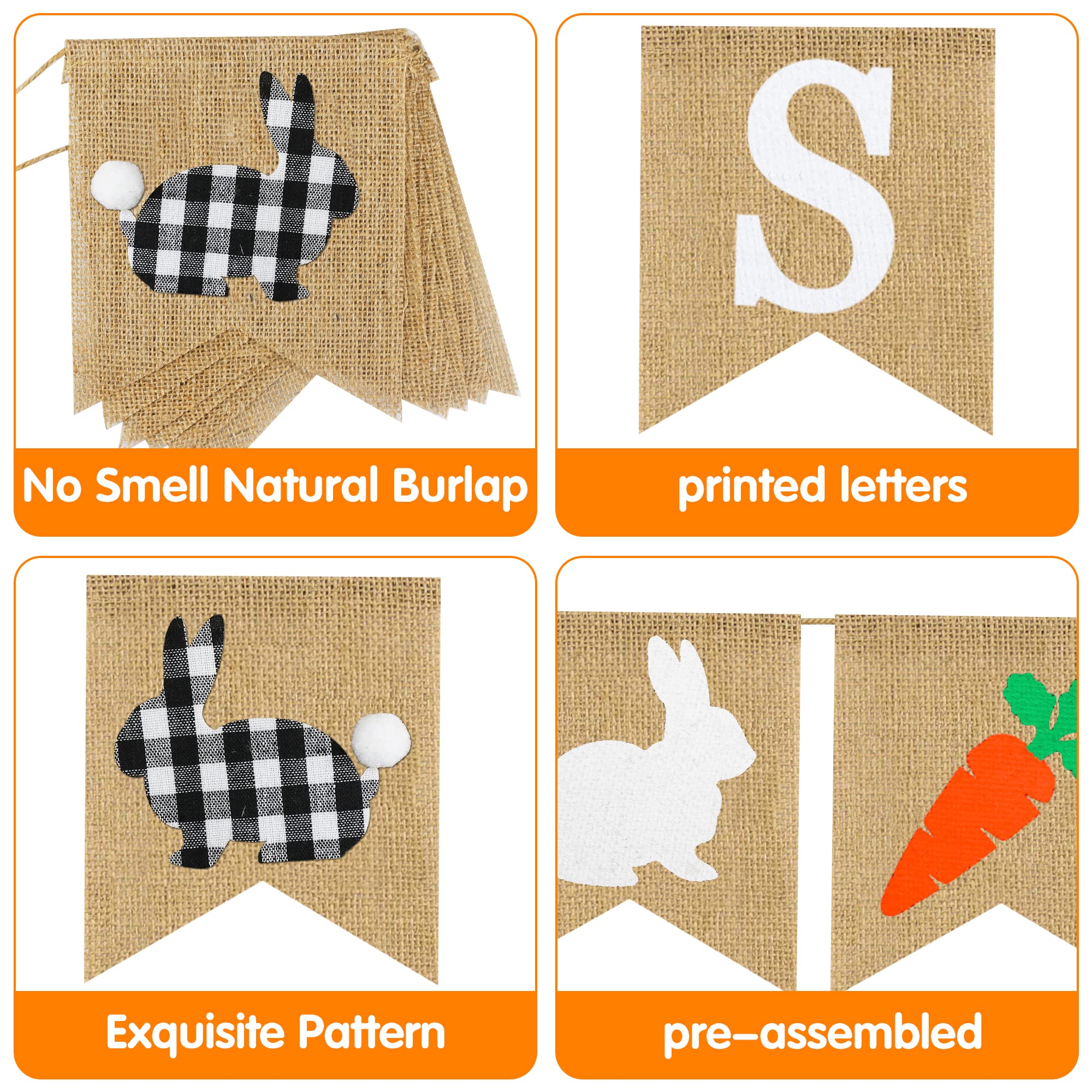 Easter Burlap Banner with Buffalo Plaid Bunny - NO DIY - Rustic Farmhouse Easter Decorations, Easter Bunny Rabbit Carrot Bunting Garland for Home Mantle - Easter Bunny Banner - Easter Party Decor
