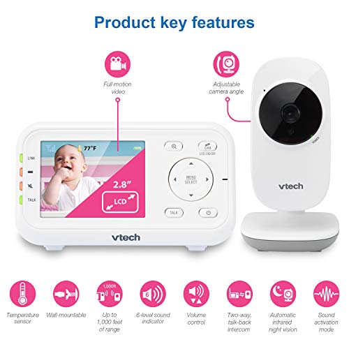 VTech Video Baby Monitor with 1000ft Long Range, Auto Night Vision, 2.8β Screen, 2-Way Audio Talk, Temperature Sensor, Power Saving Mode, Lullabies and Wall-mountable Camera with bracket, White