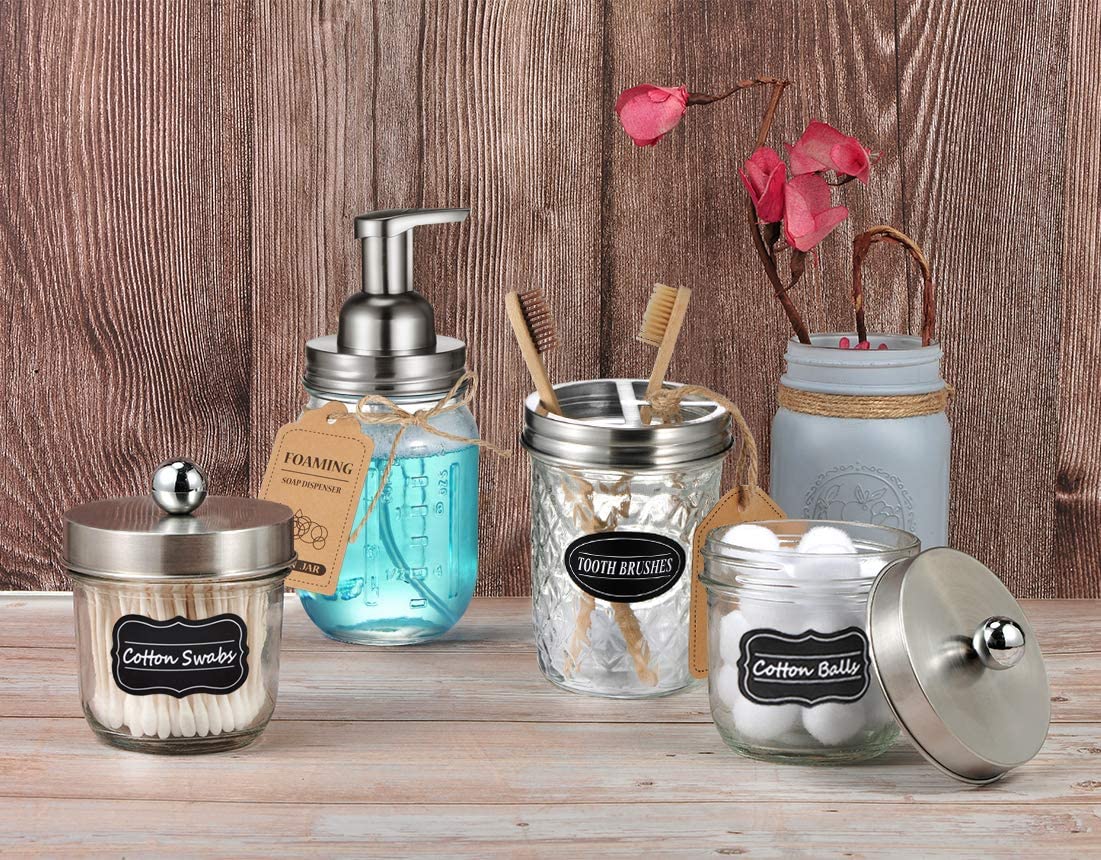 Amolliar Mason Jar Foaming Soap Dispenser Pump Lids, Rustproof Stainless Steel Lid Plastic Pump for Regular Mouth Mason Jar, Kitchen Bathroom Farmhouse Decor, Waterproof Stickers, Brushed Nickel 2Pack