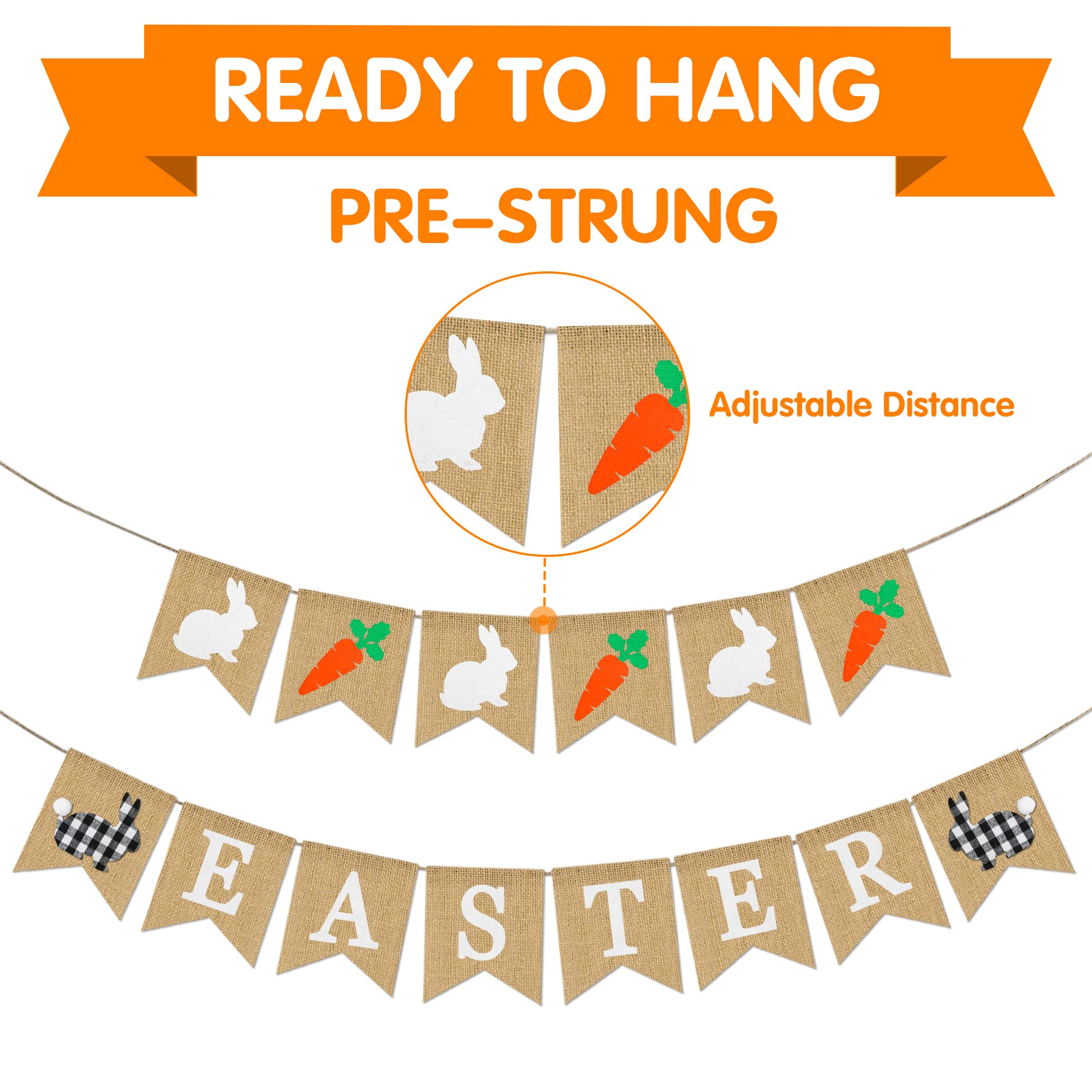 Easter Burlap Banner with Buffalo Plaid Bunny - NO DIY - Rustic Farmhouse Easter Decorations, Easter Bunny Rabbit Carrot Bunting Garland for Home Mantle - Easter Bunny Banner - Easter Party Decor