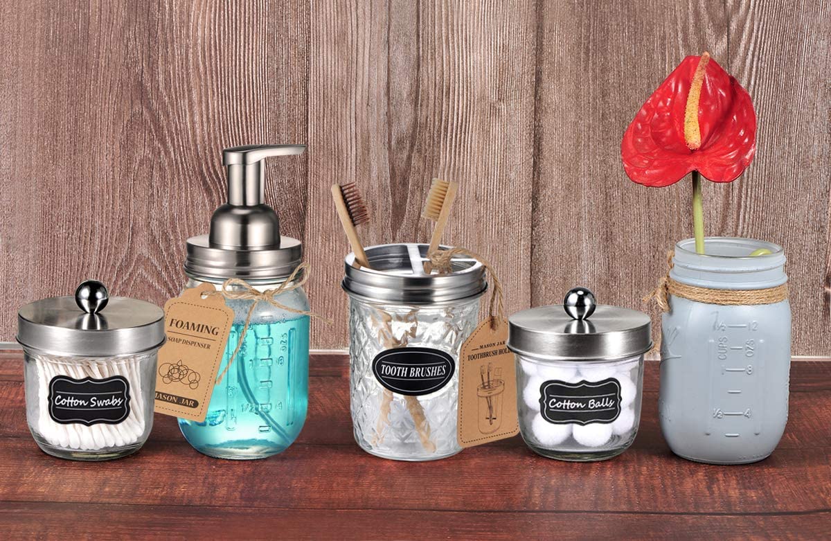 Amolliar Mason Jar Foaming Soap Dispenser Pump Lids, Rustproof Stainless Steel Lid Plastic Pump for Regular Mouth Mason Jar, Kitchen Bathroom Farmhouse Decor, Waterproof Stickers, Brushed Nickel 2Pack