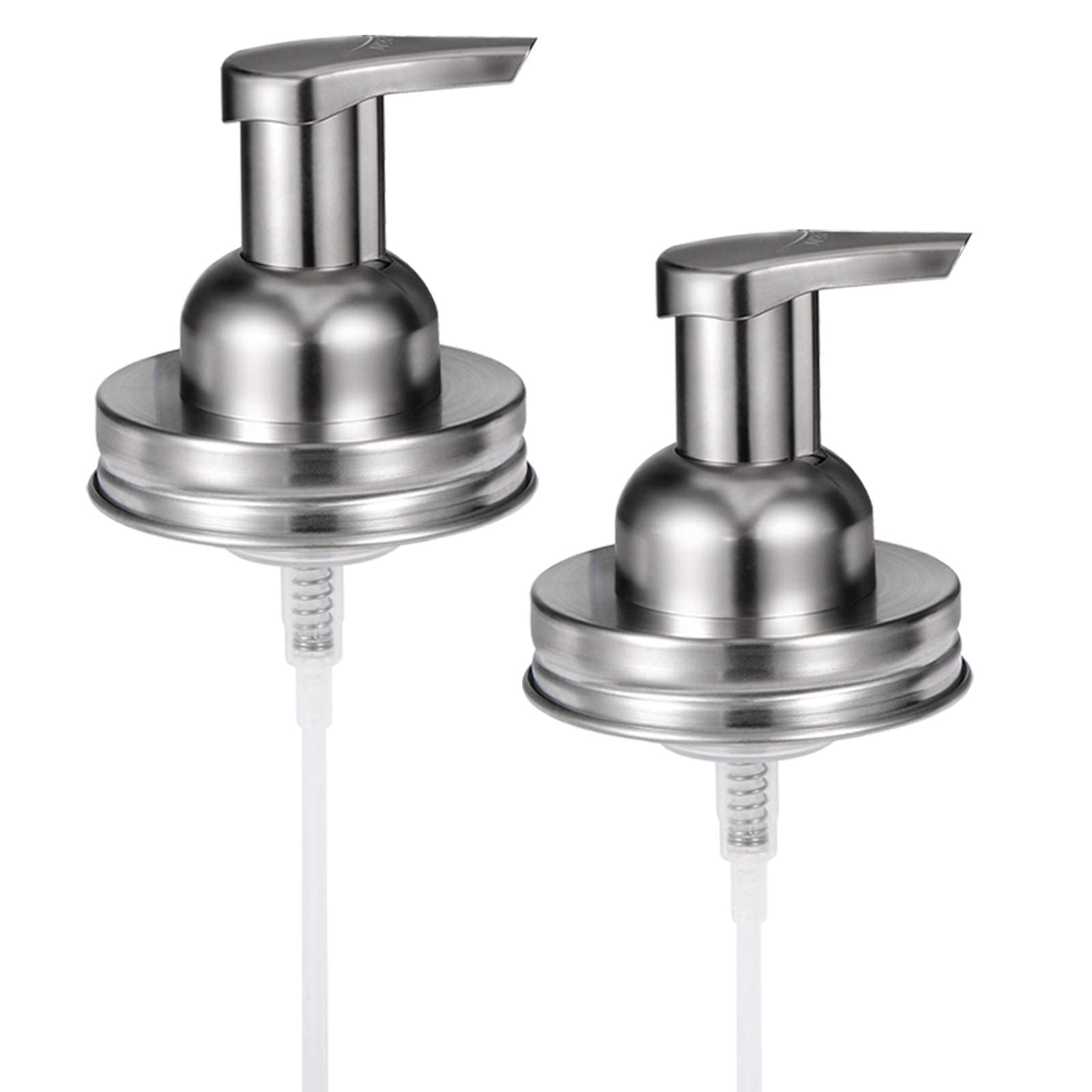 Amolliar Mason Jar Foaming Soap Dispenser Pump Lids, Rustproof Stainless Steel Lid Plastic Pump for Regular Mouth Mason Jar, Kitchen Bathroom Farmhouse Decor, Waterproof Stickers, Brushed Nickel 2Pack